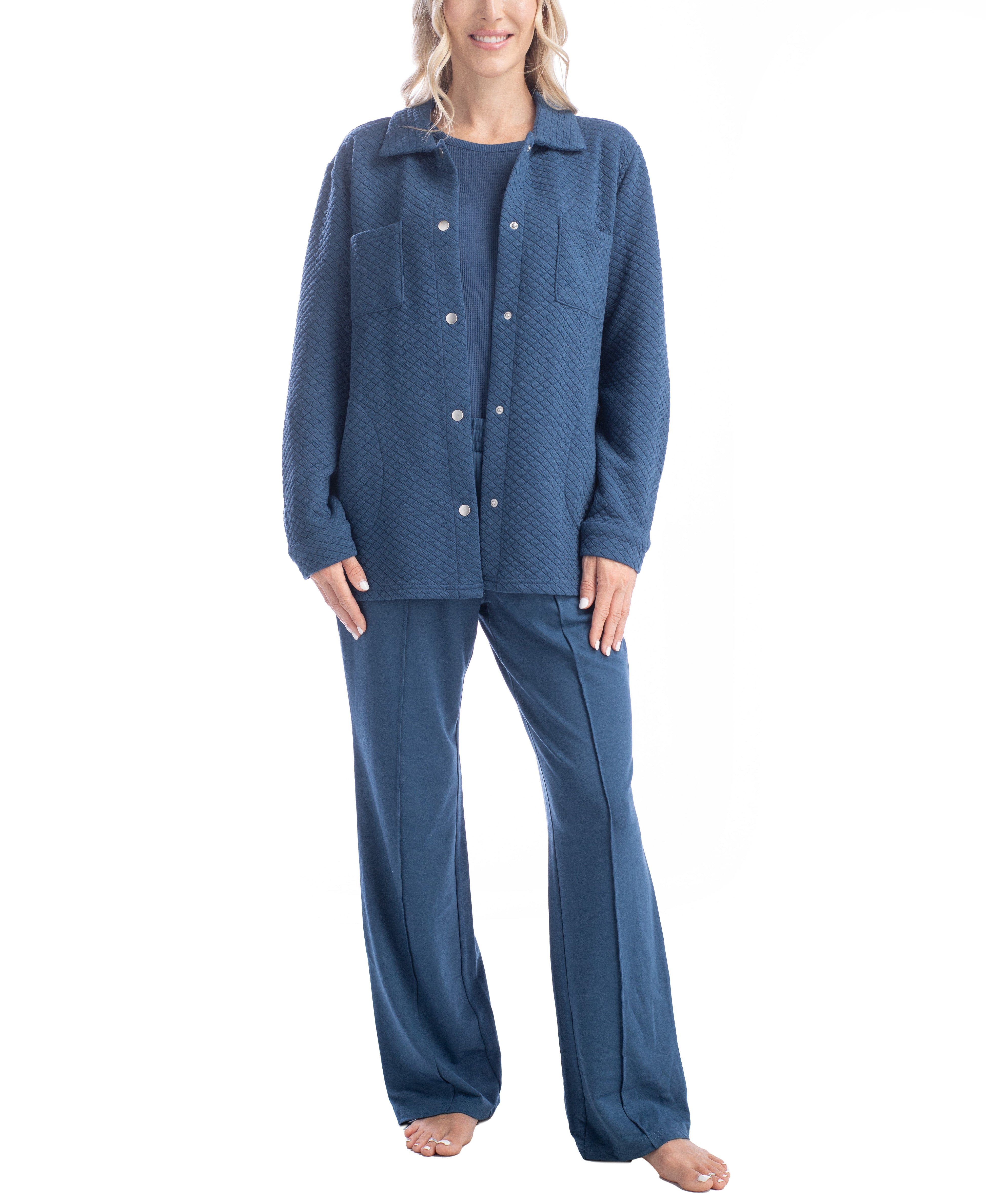 Muk Luks Quilted Shacket 3 Piece Lounge Set, Long Sleeve T-Shirt and ...
