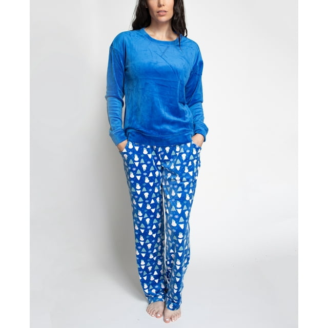 Muk Luks Women's Silky Velour Pajama Set, Cobalt/Snow Day, T/L - Walmart.com
