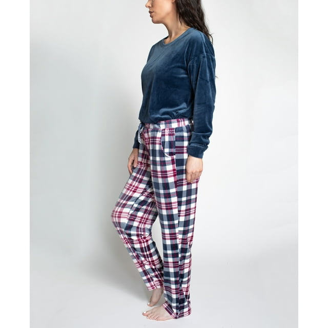 Muk Luks Women's Silky Velour Pajama Set, Navy/Navy Plaid, P/4X ...