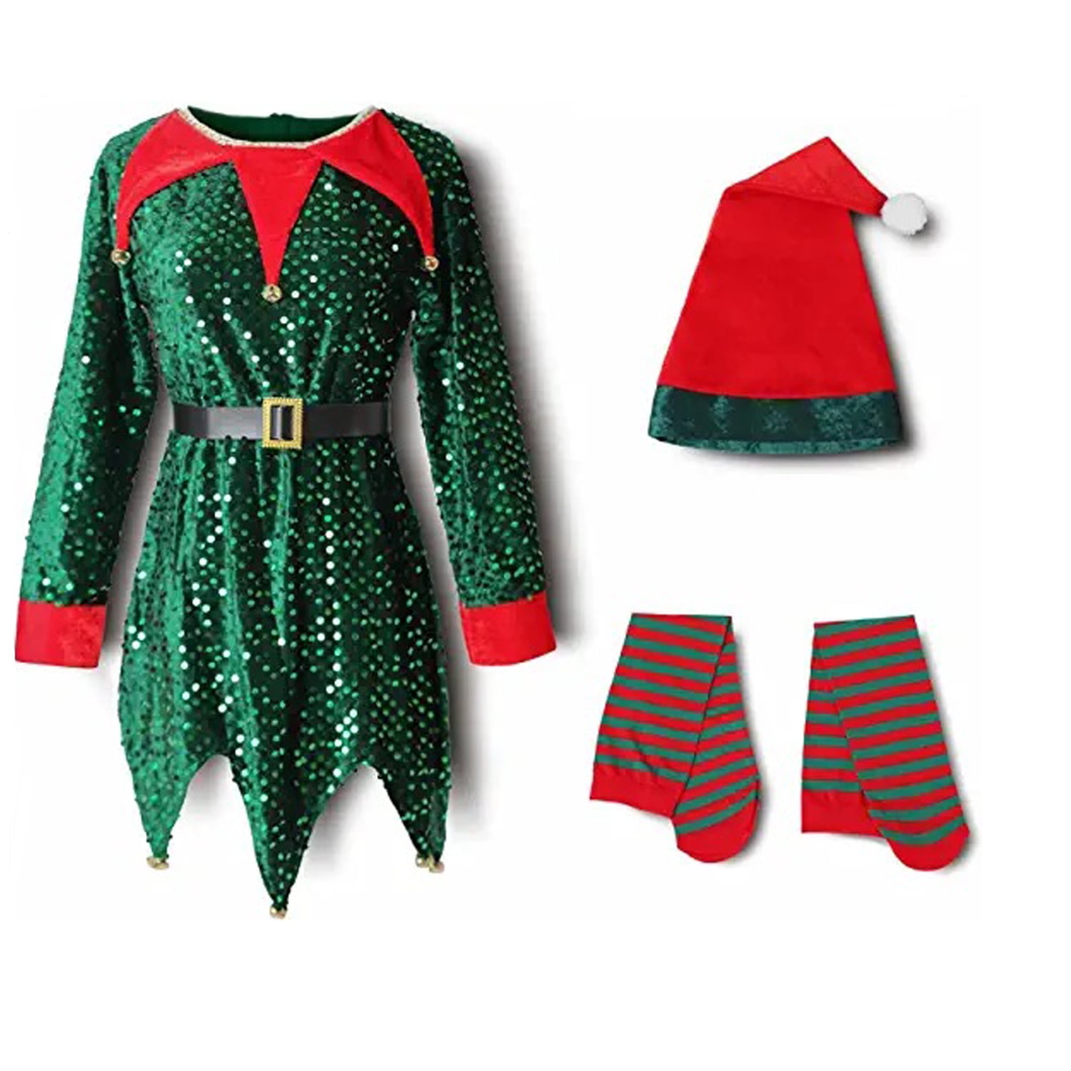 Mukola Girls Christmas Elf Costume Dress Set with Hat, Elastic Belt ...