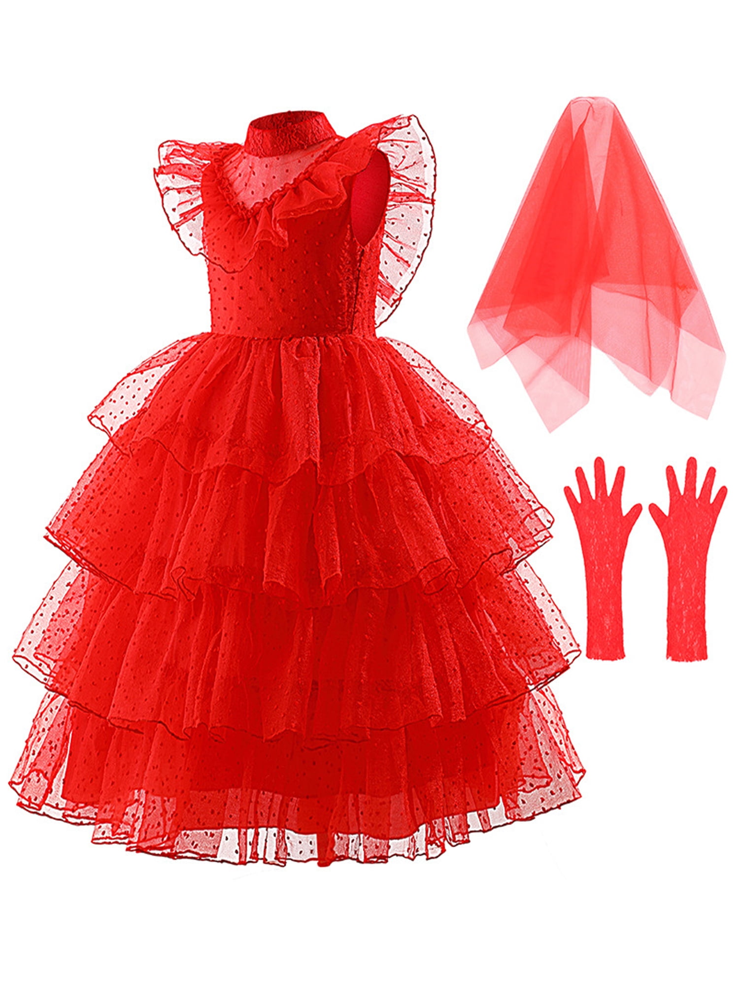 Mukola Girls Wedding Costume Red Gothic Dress with Tulle Veil Ghost ...