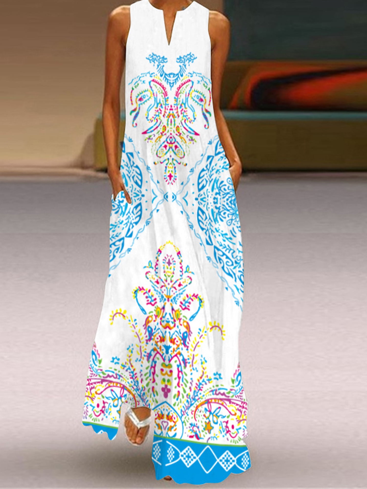 Mukola Women V Neck Maxi Dresses Summer Beach Dresses Casual Loose ...