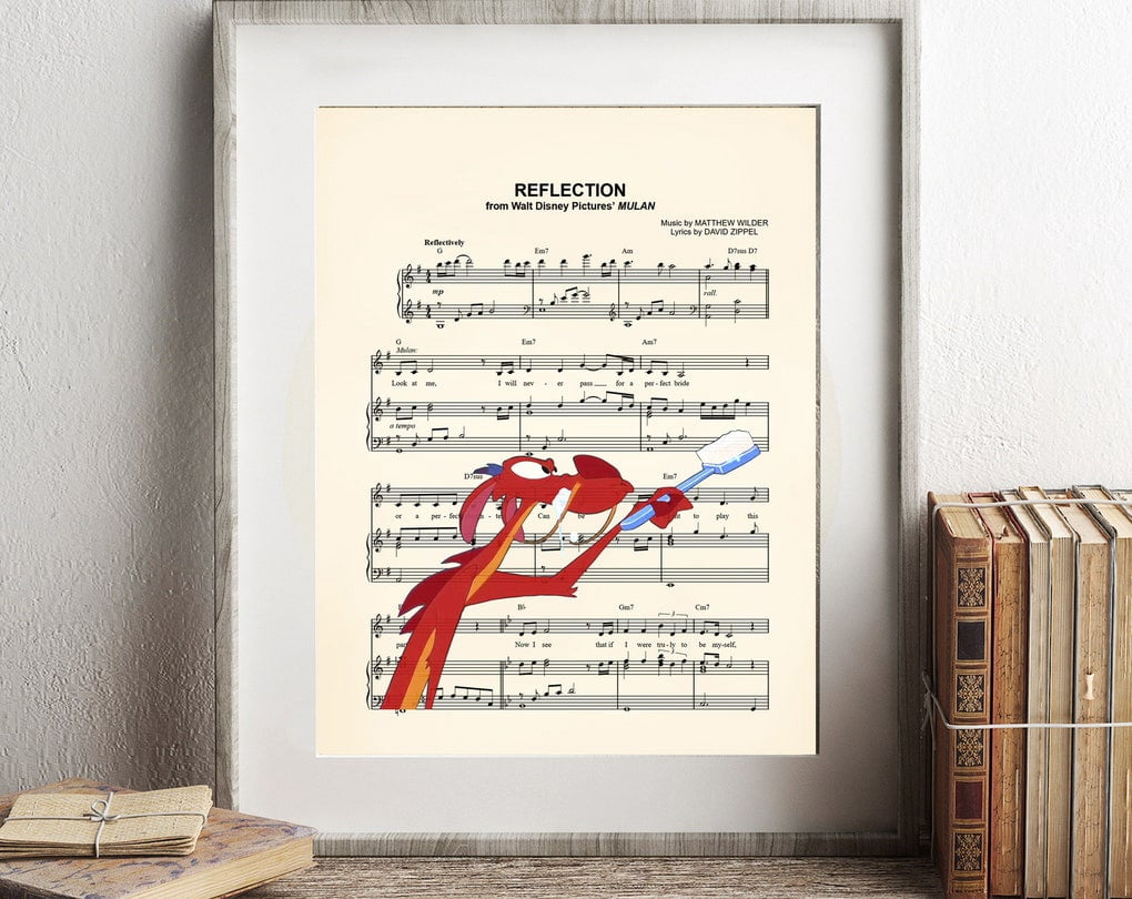 Mulan Mushu Brushing Teeth Reflection Disney Sheet Music Art Print ...