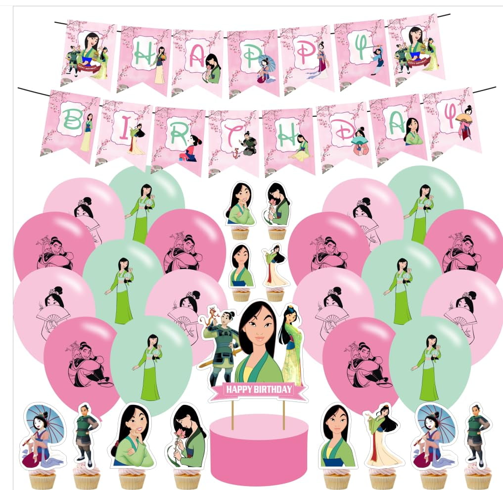 Mulan Princess Birthday CORNET Party Decorations, Pink & Green Cartoon ...