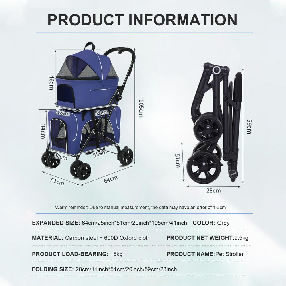 Mulaxen Double Pet Stroller For 2 Dogs 4 Wheels Lightweight Foldable Double Dog Stroller Cat ...