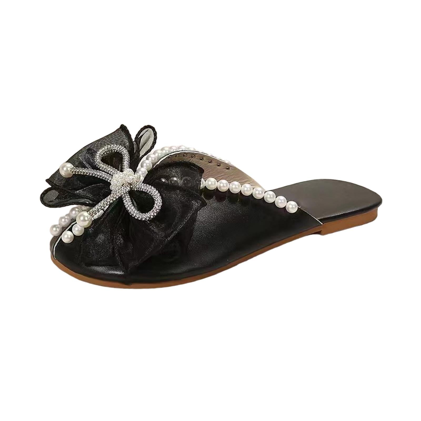 Mule Shoes Women Mules Beach Sandals Rhinestone Bow Flat Slippers Round ...