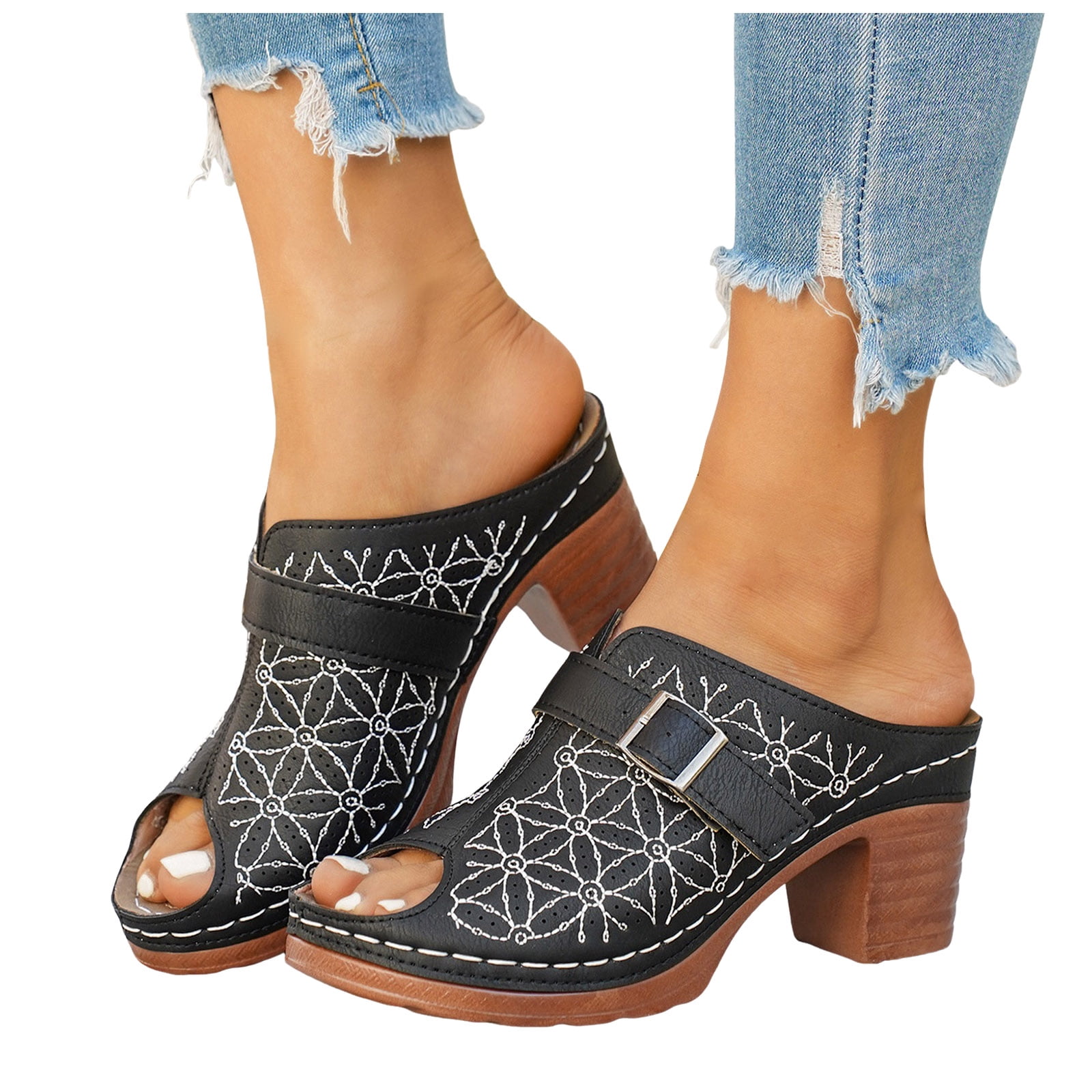 Mules Sandals for Women Trendy Embroidery Buckle Strap Chunky Heeled ...
