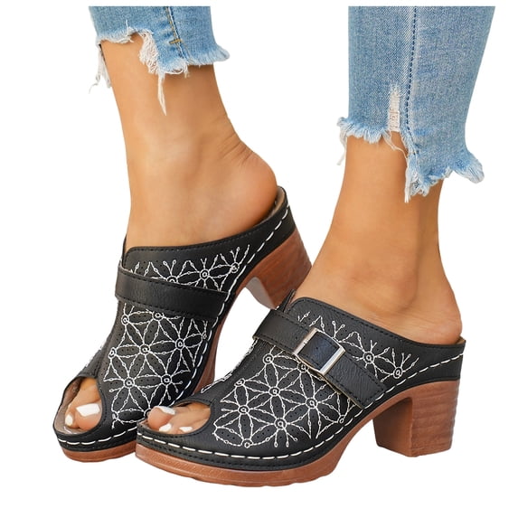 Mules Sandals for Women Trendy Embroidery Buckle Strap Chunky Heeled ...