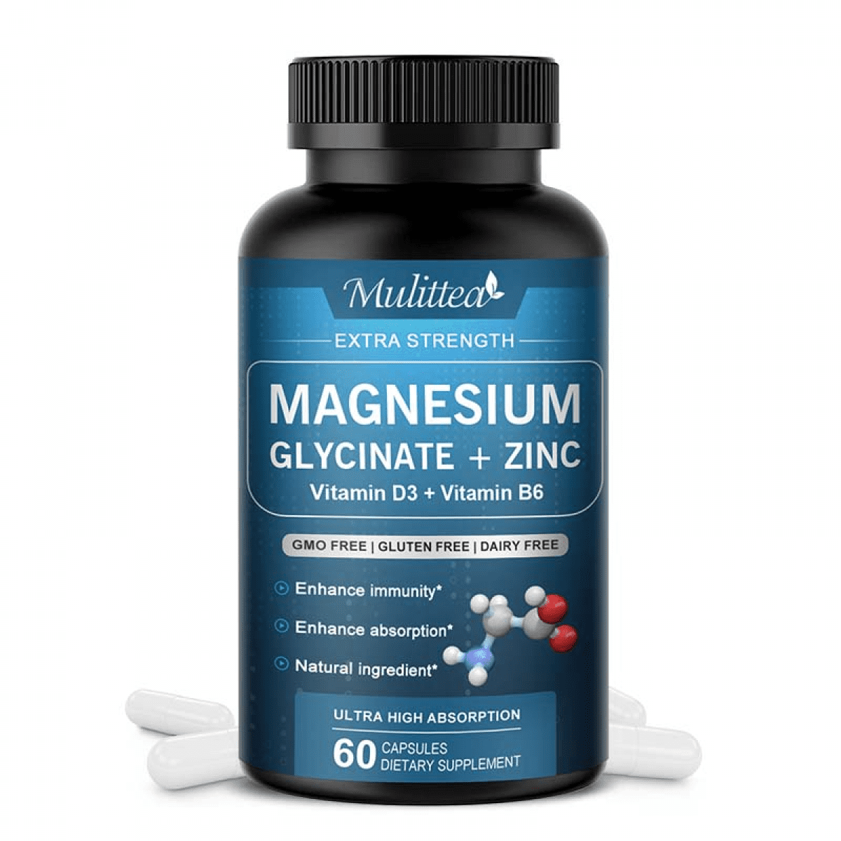 Mulittea Magnesium Glycinate Supplement 500mg with Zinc, Vitamin D3, B6 ...