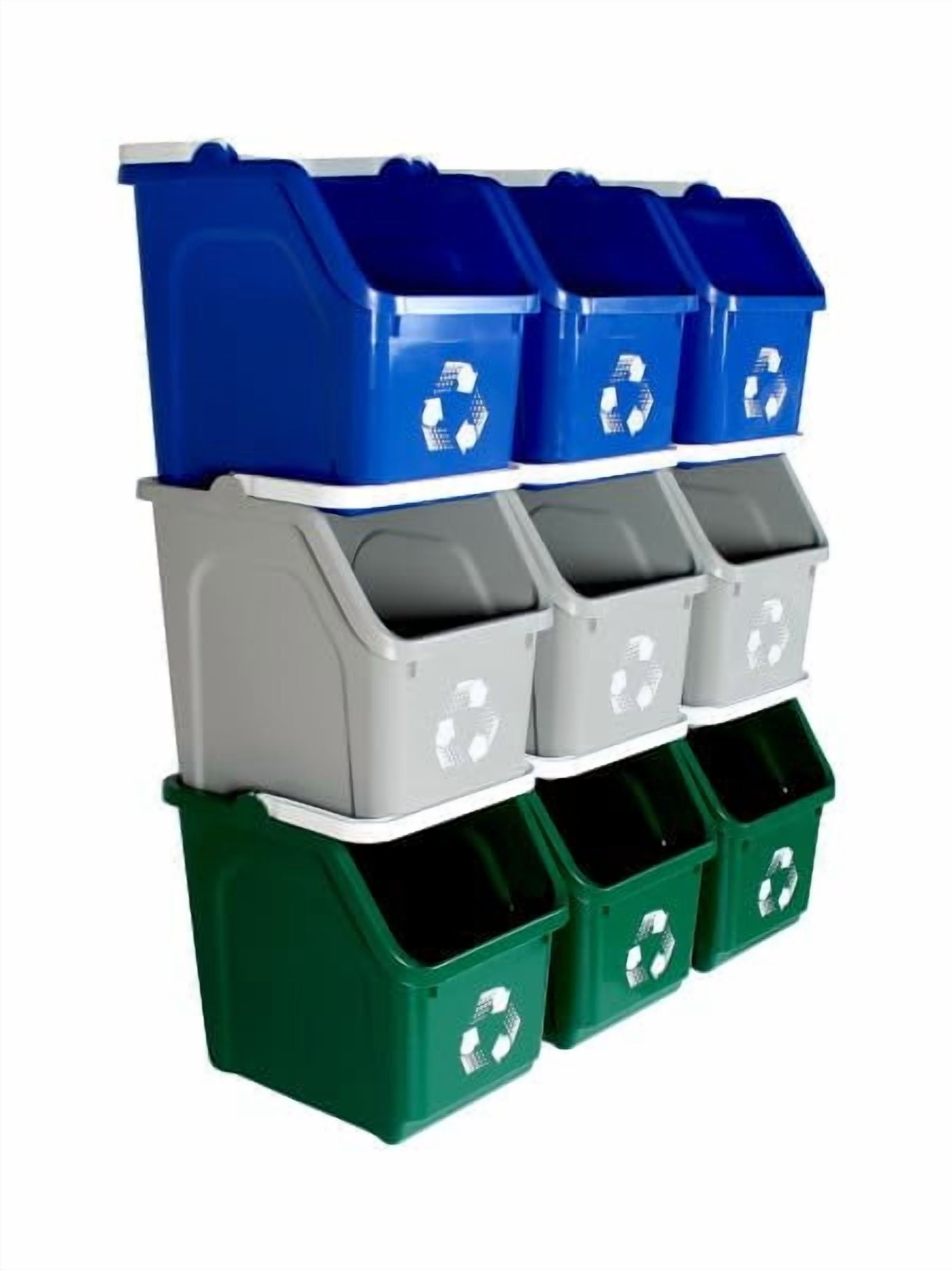 Multi Bin Recycling System with Nine Stackable 6 Gallon Recycle Bins to ...