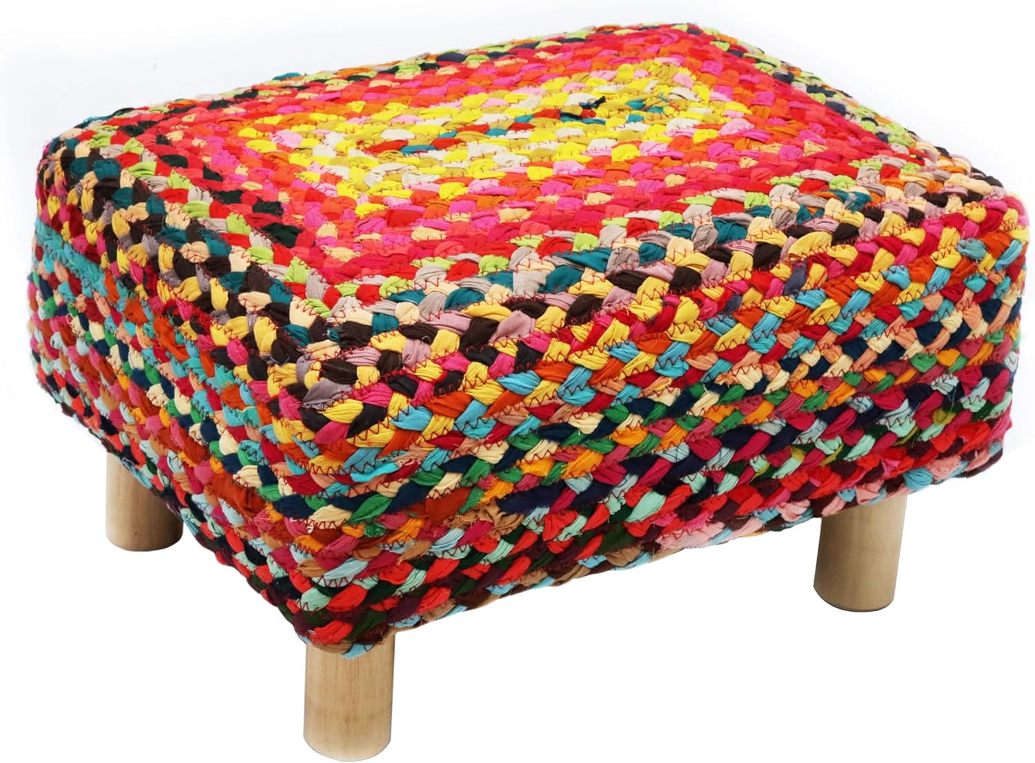 Multi Chindi Footrest - Braided Cotton Rag Rug Foot Stool Ottoman with ...