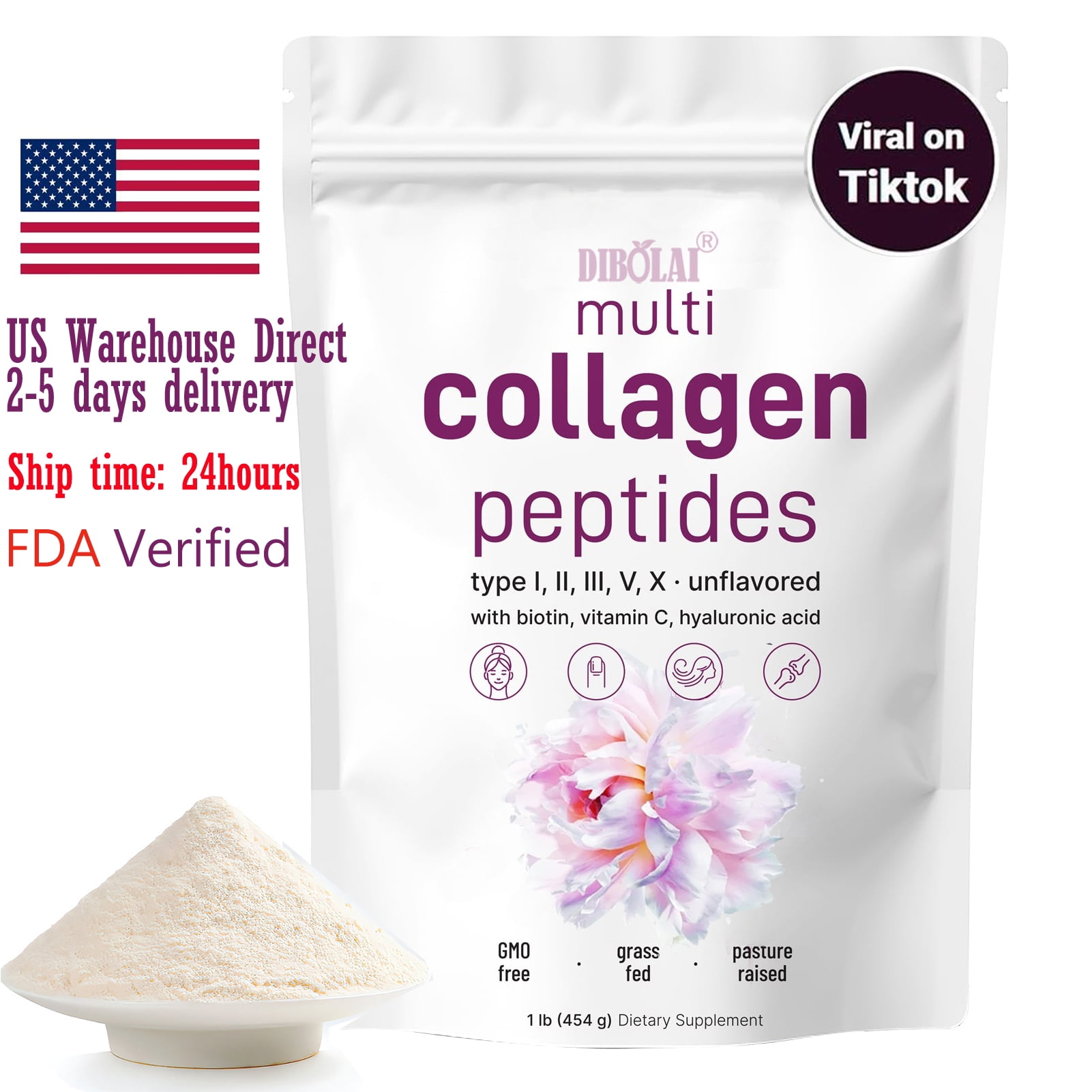 Multi Collagen Peptides Powder - Type I,II,III,V,X with Biotin ...