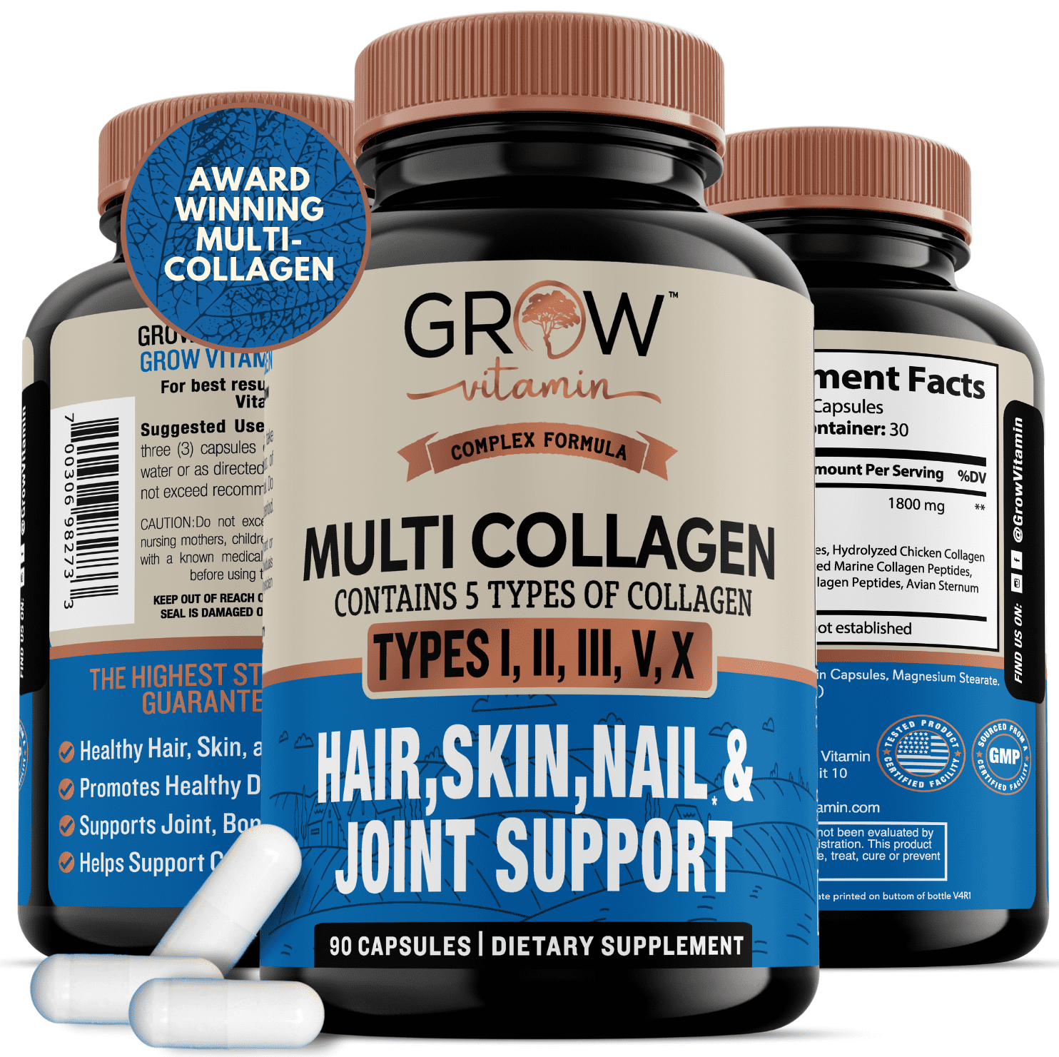Multi Collagen Pills (Types I, II, III, V & X) 1800mg - 100% Natural ...