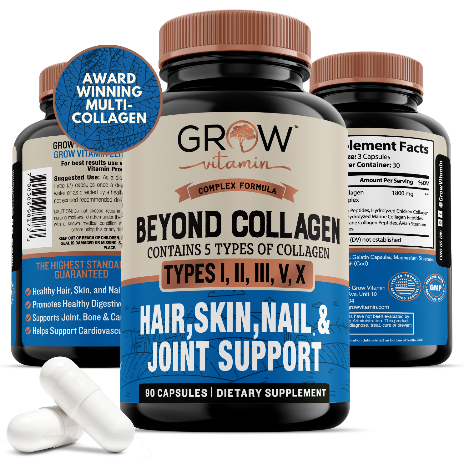Multi Collagen Pills (Types I, II, III, V & X) 1800mg - 100% Natural ...