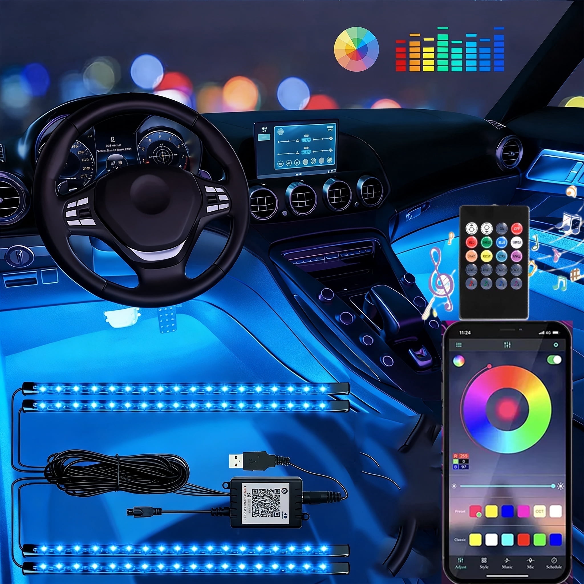 QIULIGHT Car Interior Ambient Lights, APP Control, 48LEDs 12.6 in LED ...