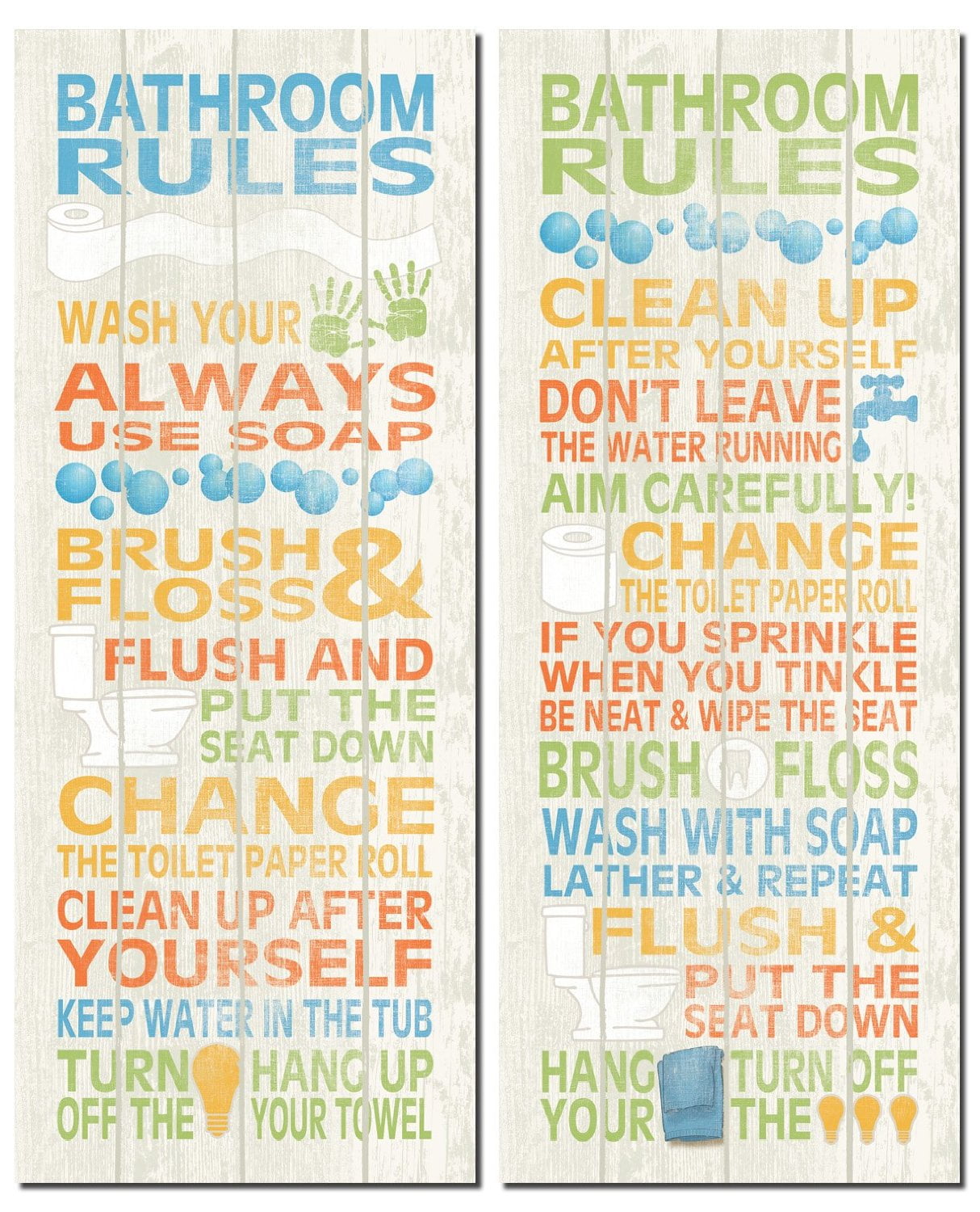 Multi-Color Children's Bathroom Rules Typography Set; 2 - 8" x 18 ...