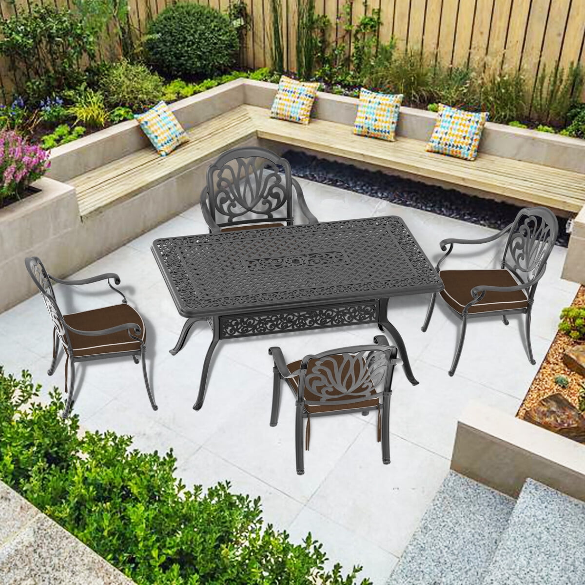 (Multi-Color Cushions) 5-Piece Cast Aluminum Outdoor Patio Furniture ...