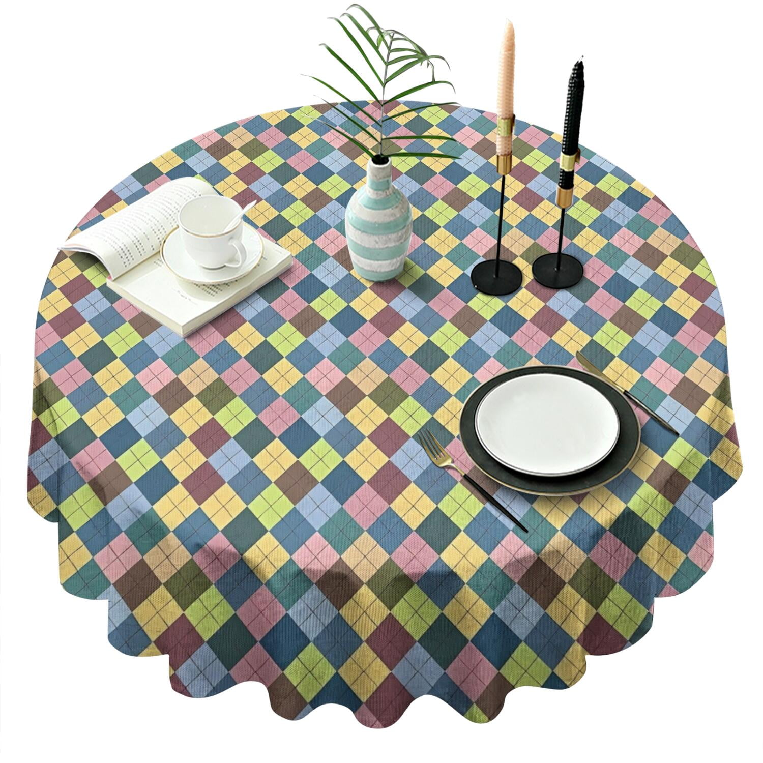 Multi Color Diamond Checkerboard Checkered Pattern Round Tablecloth 60 ...