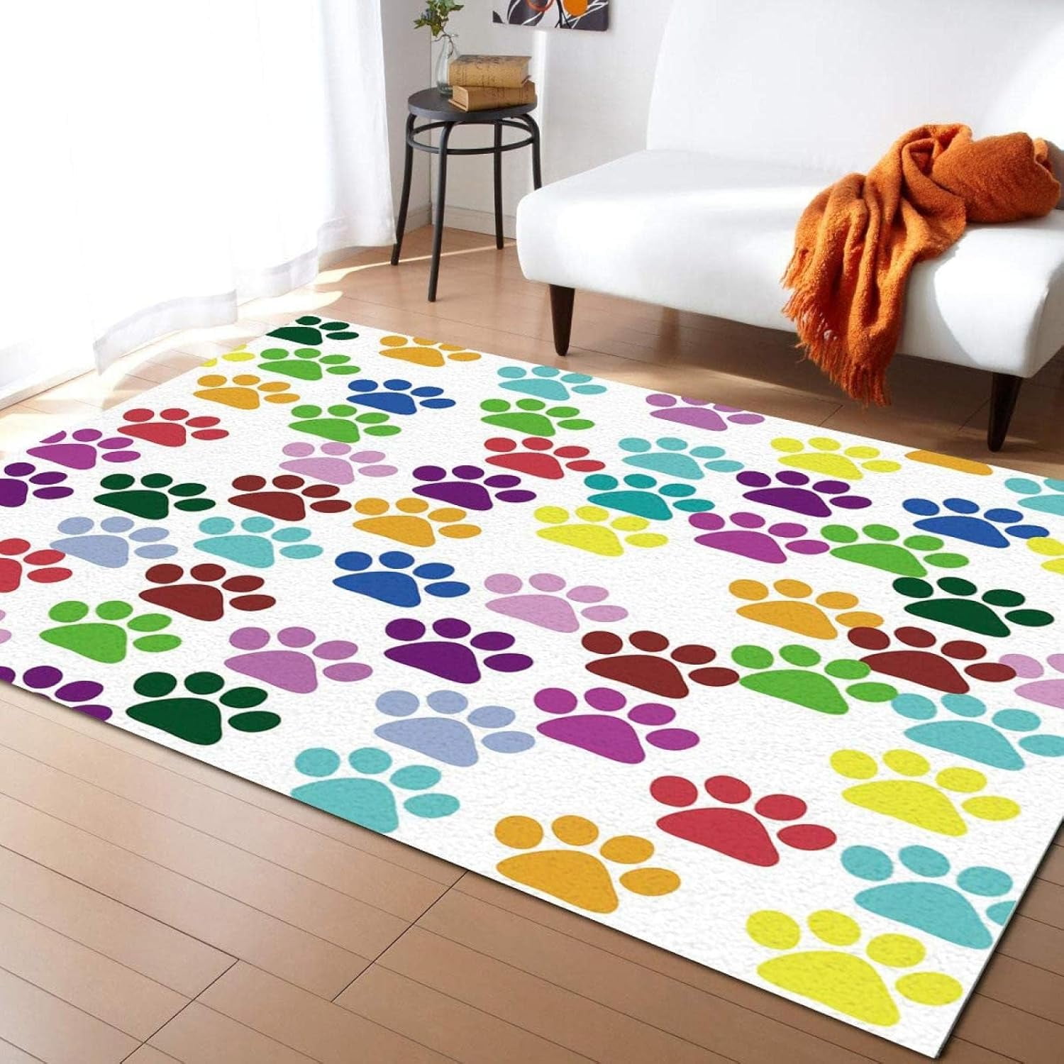 Multi Color Dog Paw Print Area Rug Watercolor Color Animal Footprints ...