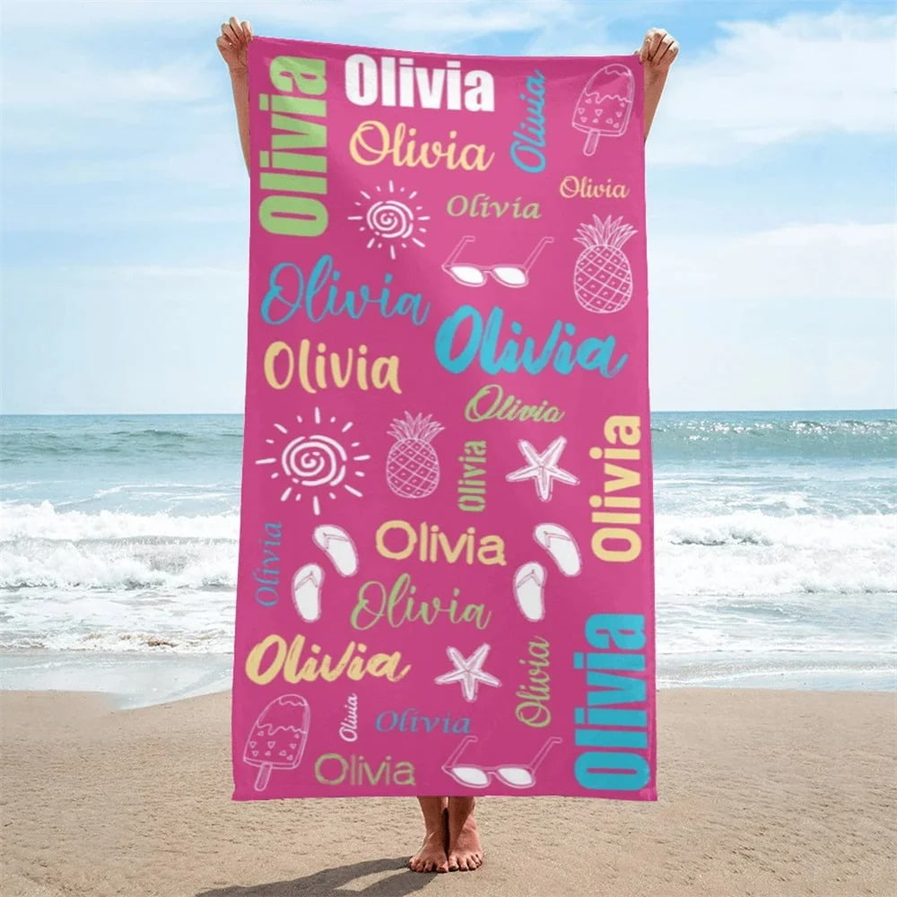 Multi Color Font Design Beach Towel Personalized Name Bath Towel Custom ...