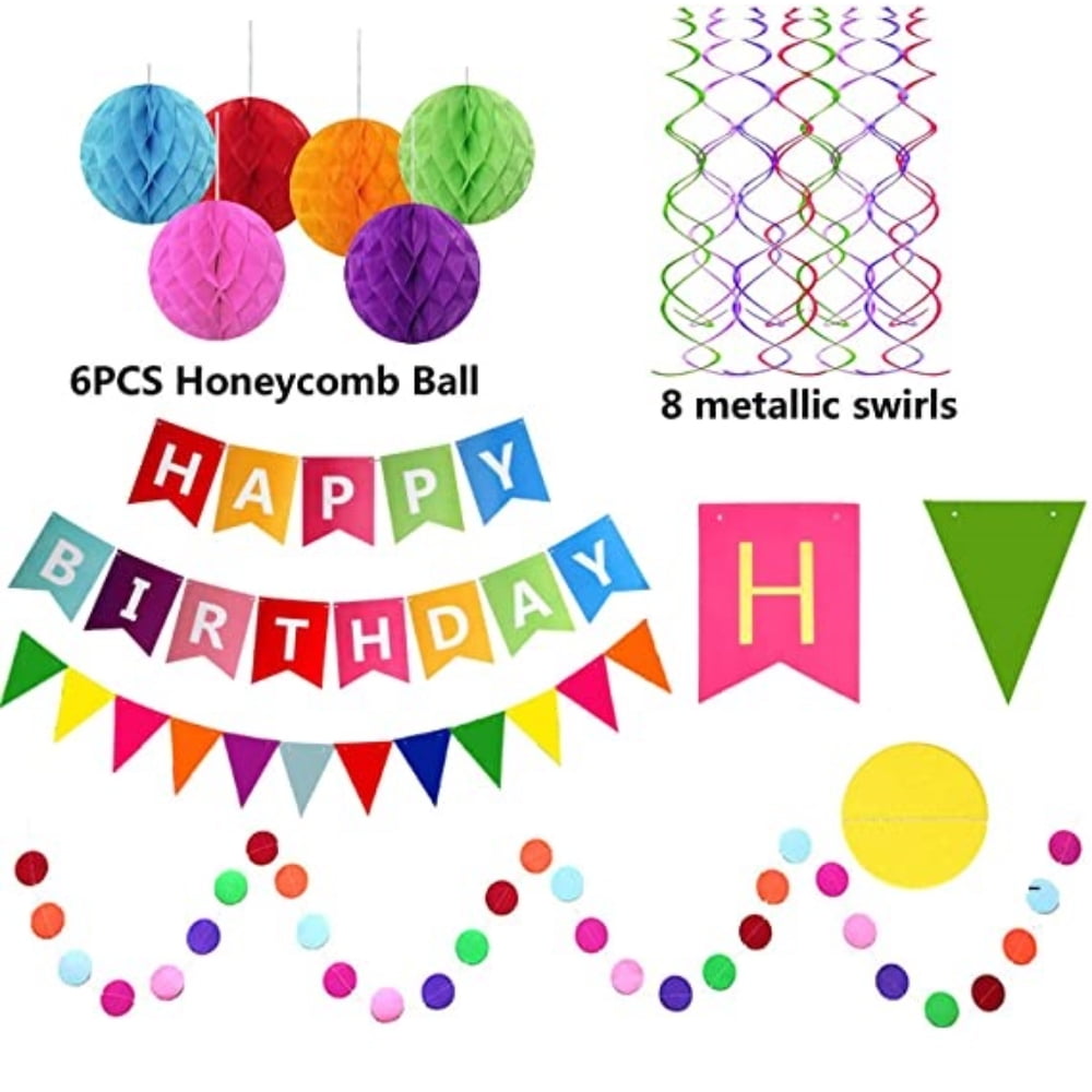 Multi Color Happy Birthday Banner Black Gold Foil Flag with Swirl Paper ...