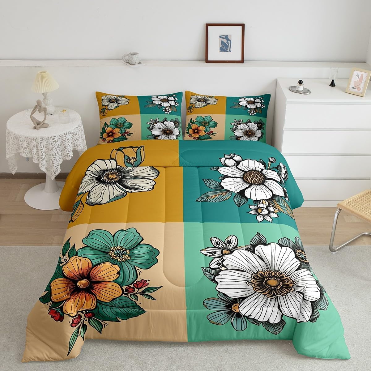 Multi Colorful Bird Comforter Set Pcs Watercolor Pink Flowers Blue ...