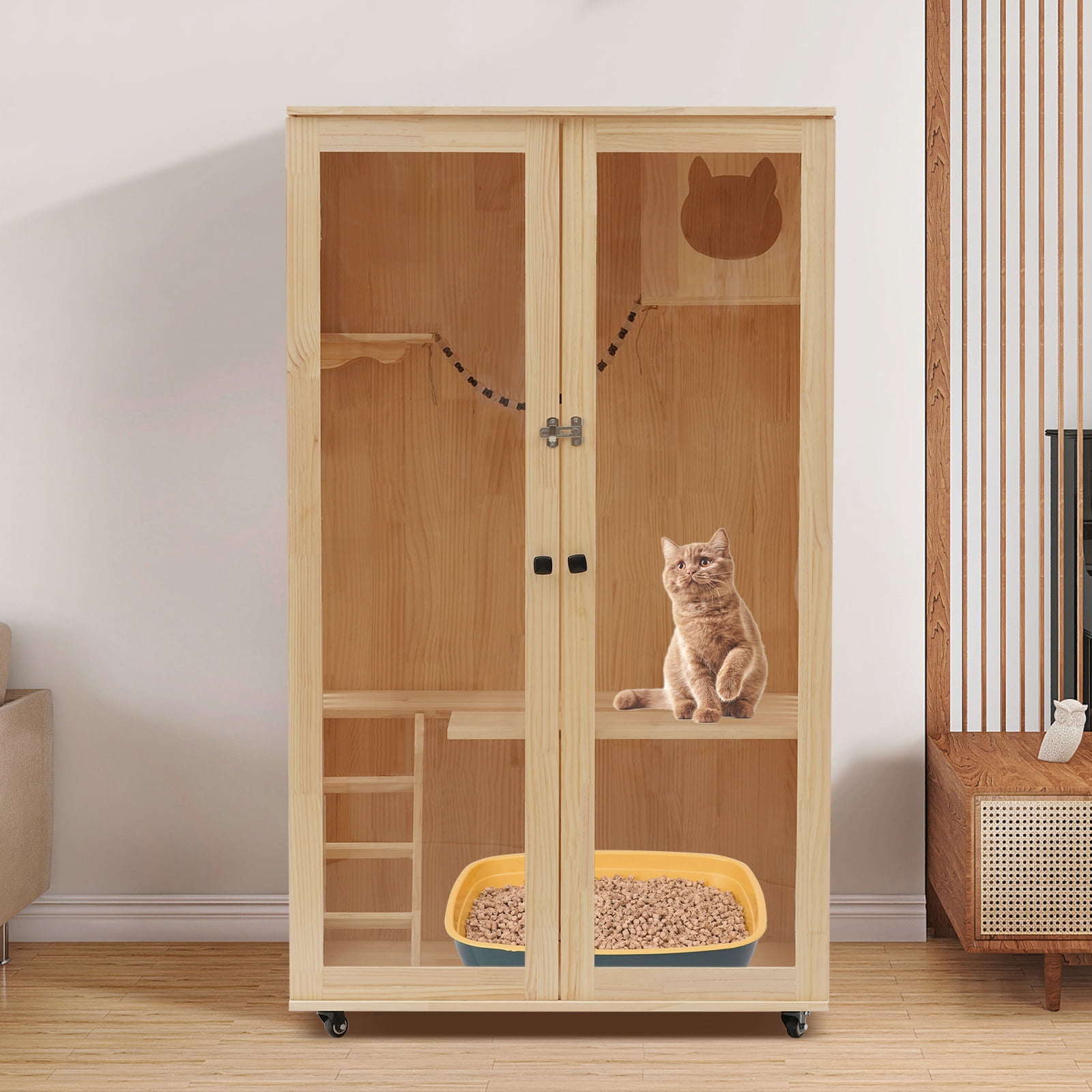 Multi-Feature Wooden Cat House with LED Light, Clear Doors & Small ...