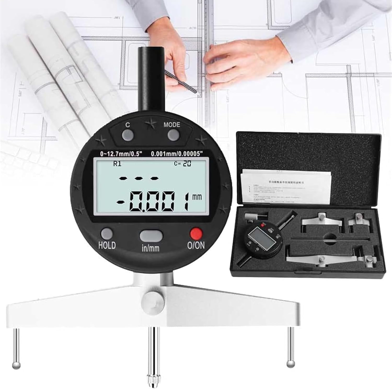 Multi-Function Digital Radius Gauge, High Accuracy Radius Gauge, with 5 Changeable Measuring Jaw ...