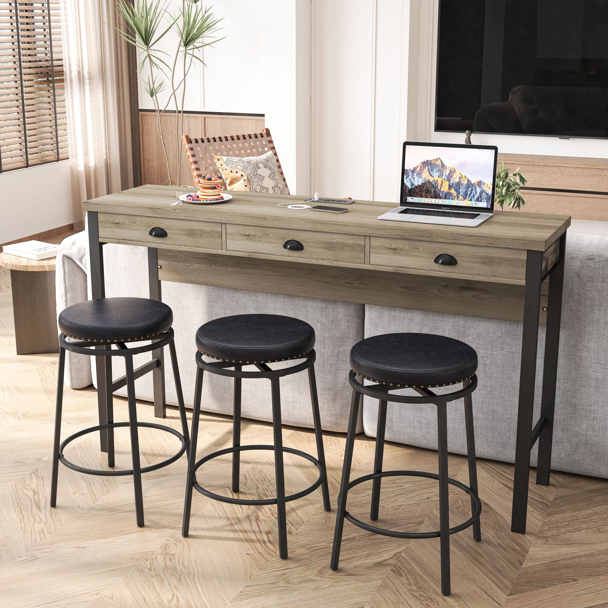 Multi-Functional 3-Drawer Dining Bar Pub Table Set with Power Outlets ...
