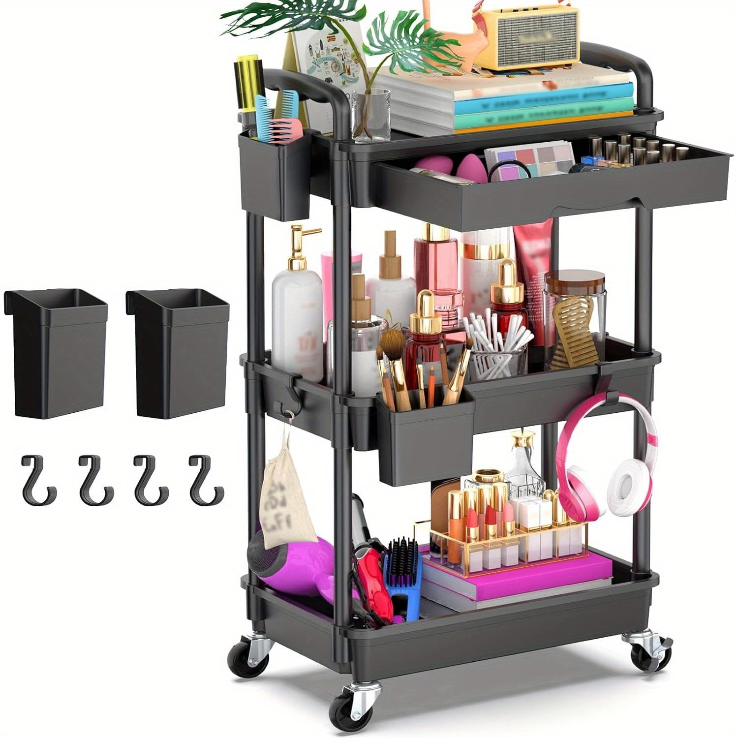 Multi-Functional 3-Tier & 4-Tier Rolling Cart with Removable Drawers ...