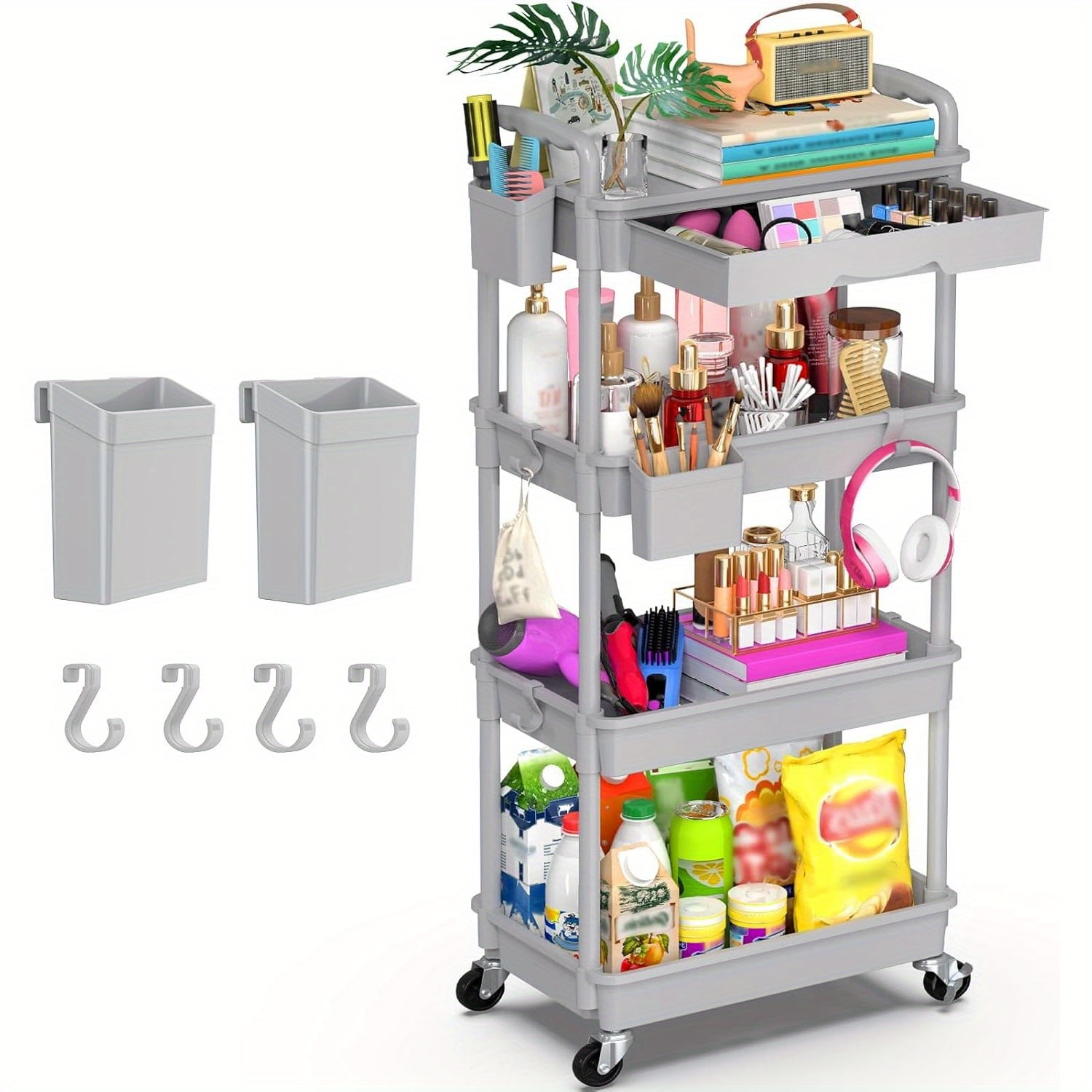 Multi-Functional 3-Tier & 4-Tier Rolling Cart with Removable Drawers ...