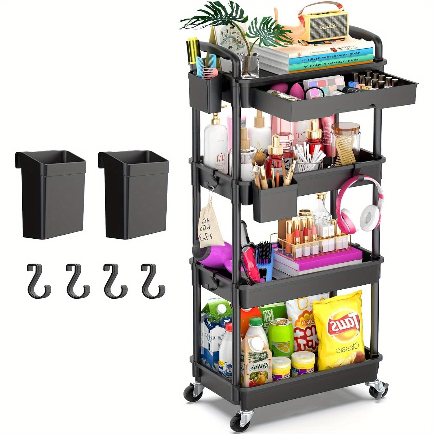 Multi-Functional 3-Tier & 4-Tier Rolling Cart with Removable Drawers ...