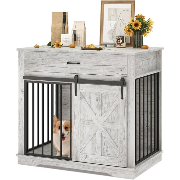 39.37" Modern Wooden Dog Crate Furniture with Sliding Barn Door Side ...
