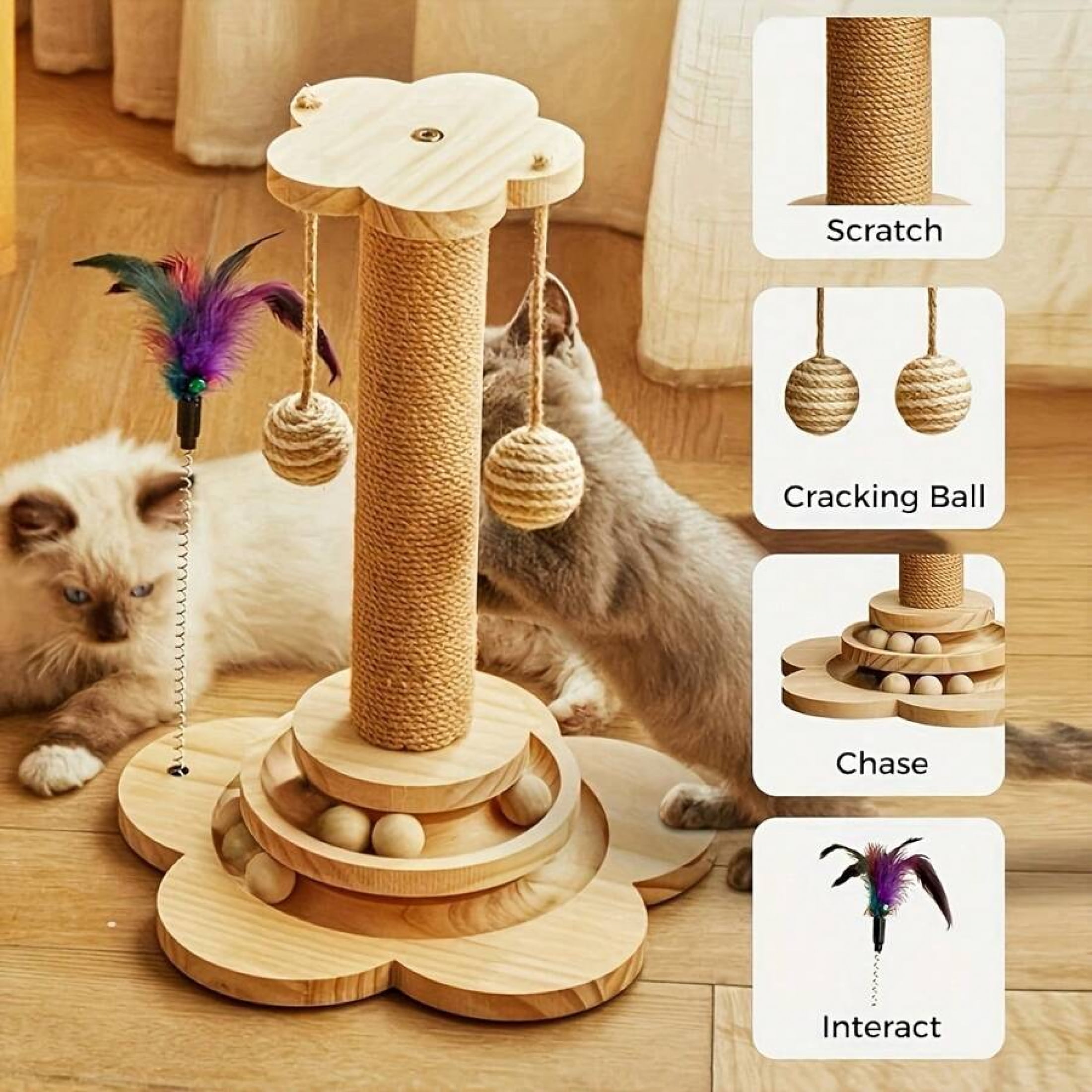 NOBRAND Multi-Functional Cat Scratching Post with Interactive Toys ...