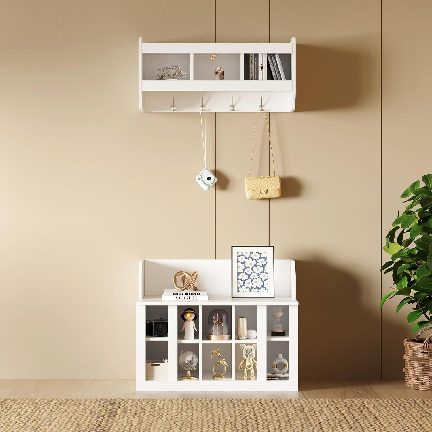 Multi Functional Hall Tree With 4 Hidden Hanging Hooks Brown Wood