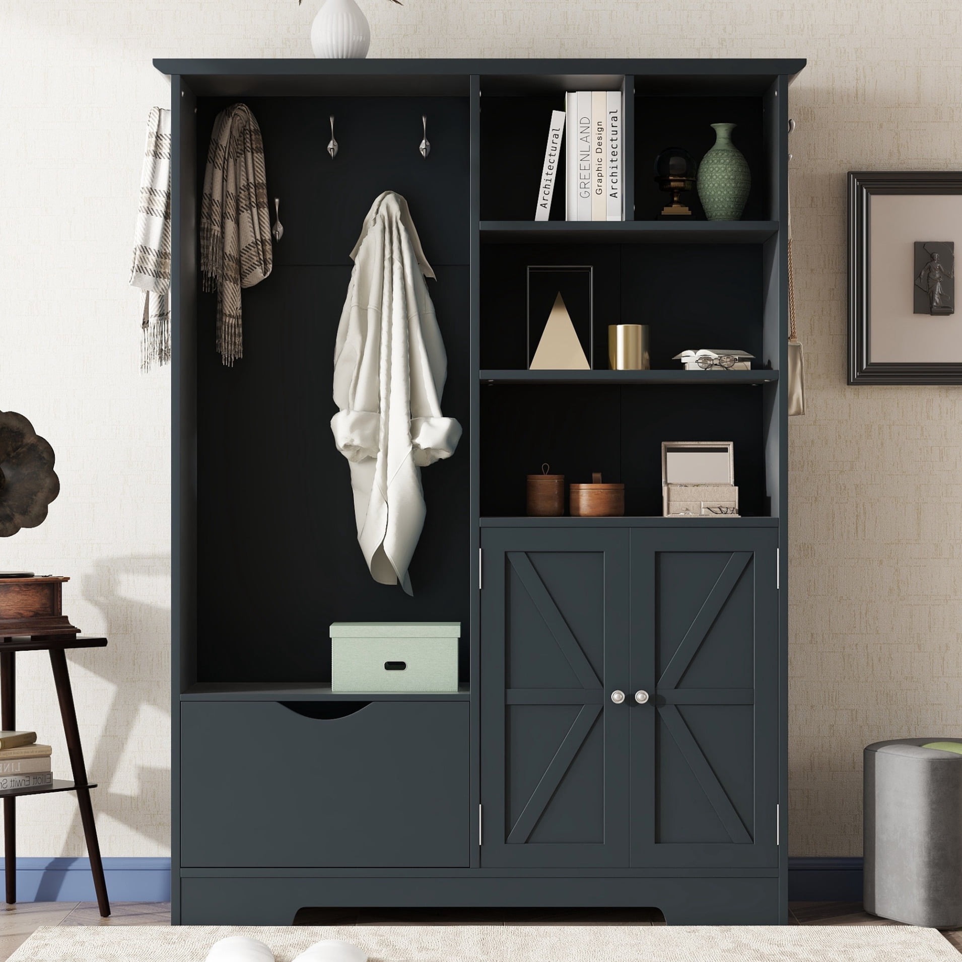 Multi-Functional Hall Tree with Storage Shelves Drawers and Cabinet ...