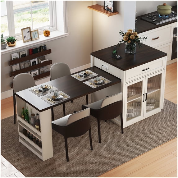 Multi-Functional Kitchen Island with Extendable Dining Table, Glass ...