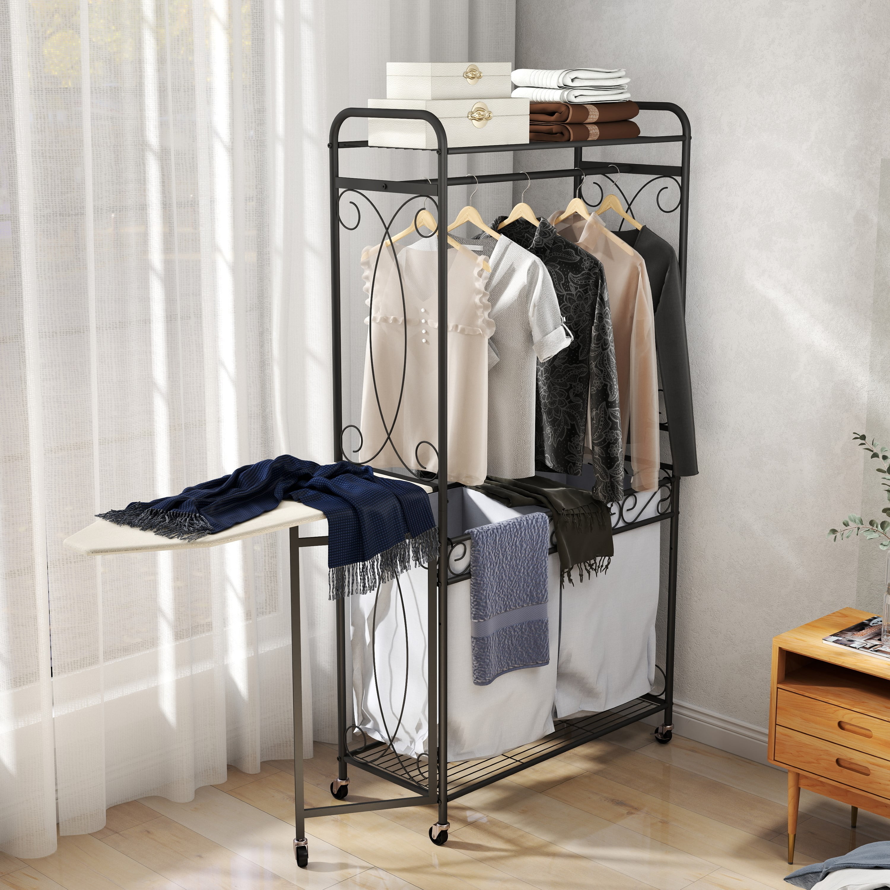 Multi-Functional Laundry Hamper Organizer with Hanging Rail and Storage ...