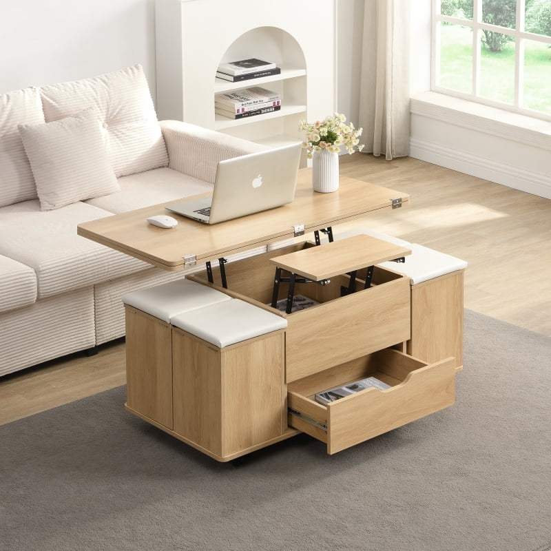 Multi-Functional Lift-Top Coffee Table with Hidden Storage and Stools ...