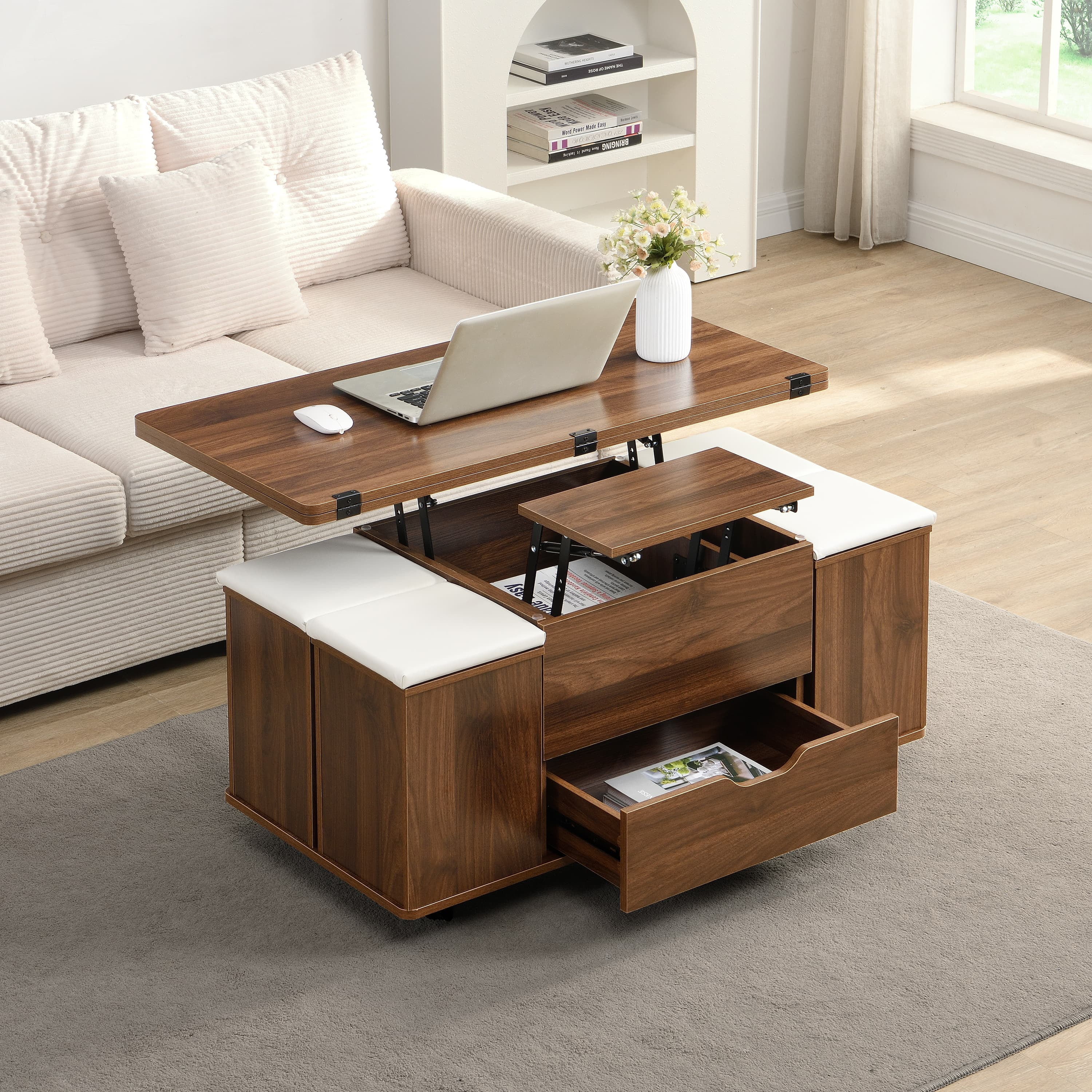 Multi-Functional Lift-Top Coffee Table with Hidden Storage and Stools ...