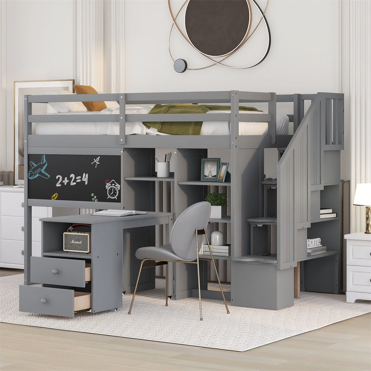 Multi-Functional Twin Size Loft Bed with Pullable Desk, Shelves & Space ...