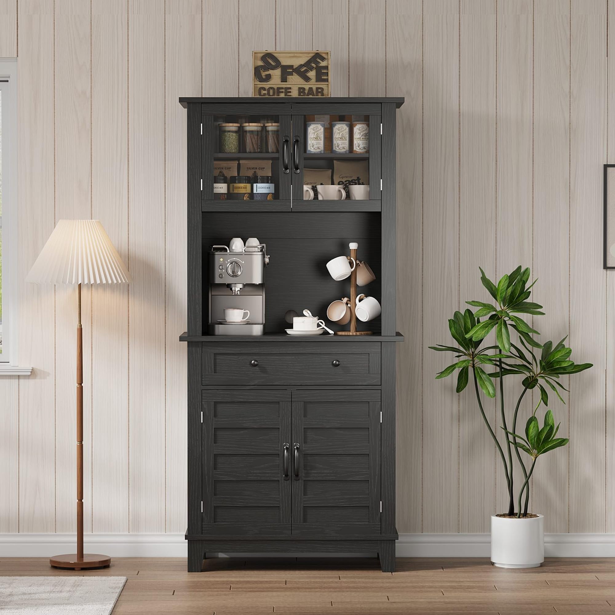 Multi-Functional Pantry Coffee Cabinet with Storage, 72" Modern Wood ...