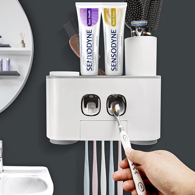Multi-Functional Toothbrush and Toothpaste Dispenser for Bathroom, with ...