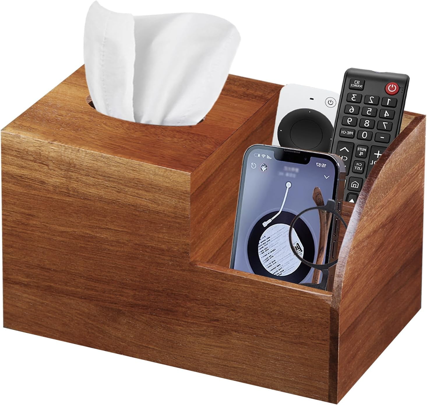 Multi-Functional Wood Square Tissue Box Cover with Storage Grid and ...