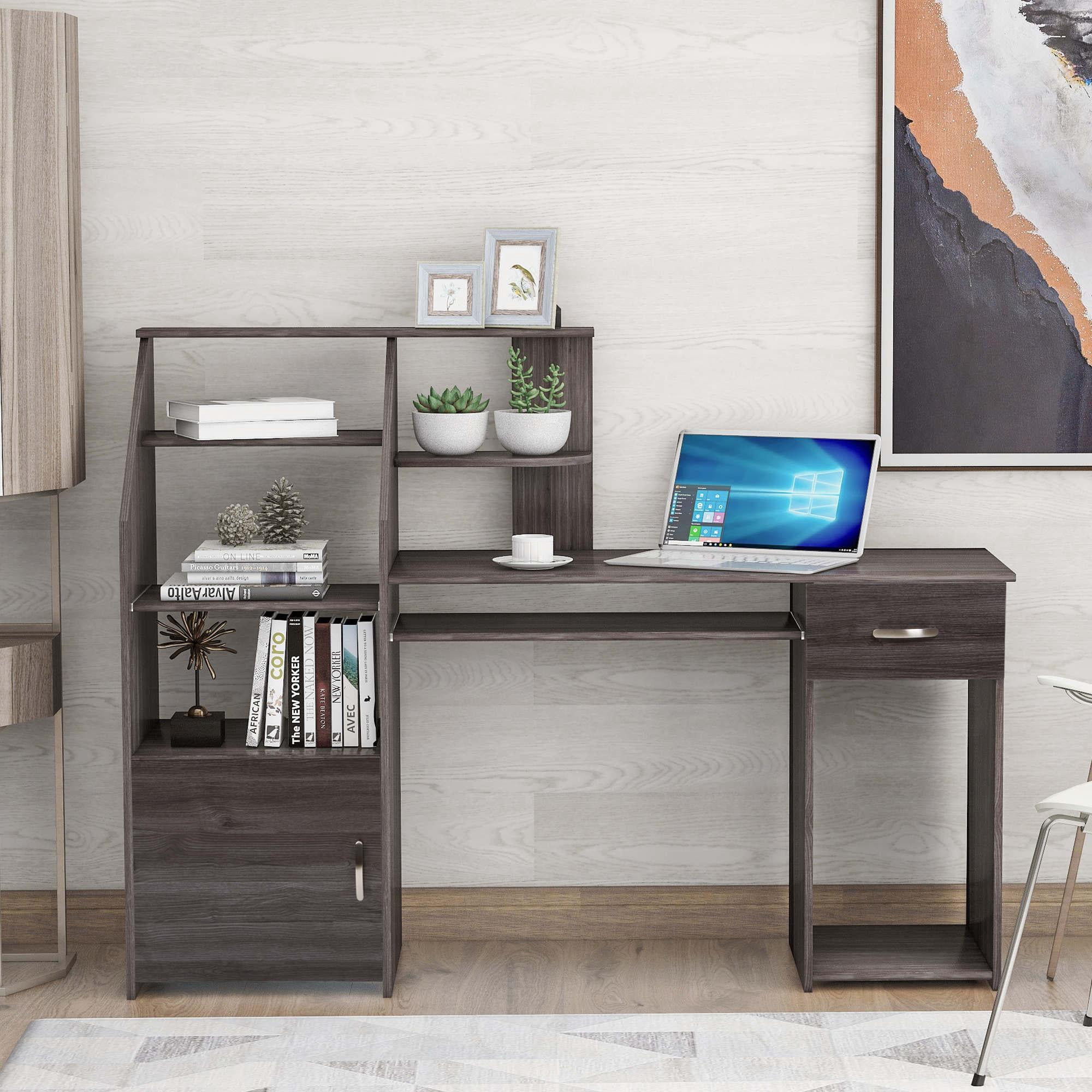 Multi-Functions Computer Desk with Cabinet and and Keyboard Tray Office ...