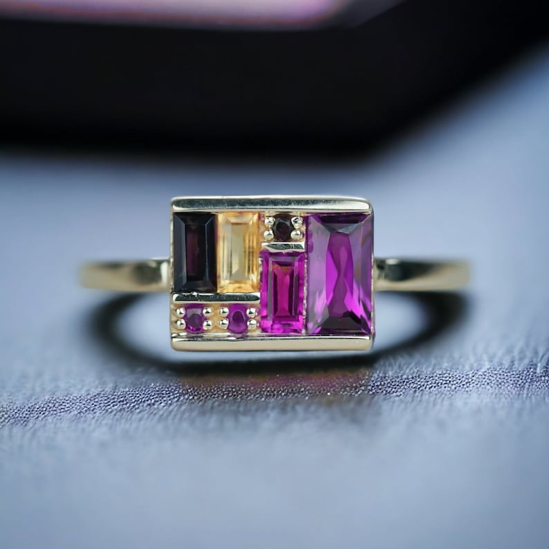 Multi Gemstone Box Ring,Silver Baguette Amethyst Statement Art Deco ...