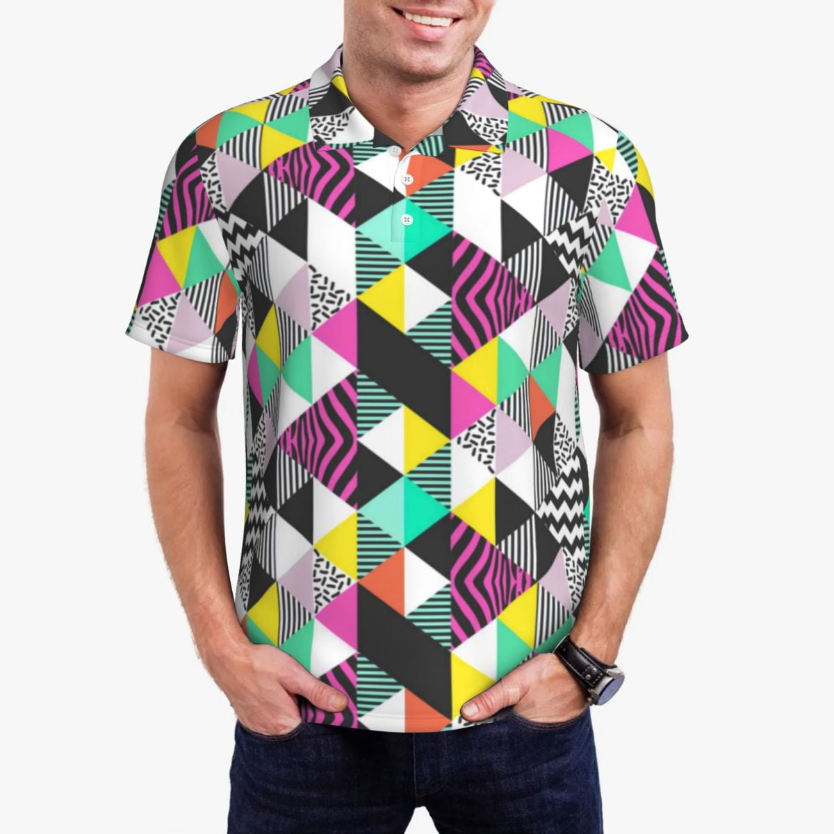 Multi Geometric Print Polo Shirts Man Art Mondrian Style Casual Shirt ...
