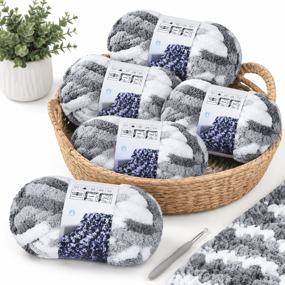 Multi Grey & White 8 Pack Chunky Chenille Yarn For Hand Knitting ...