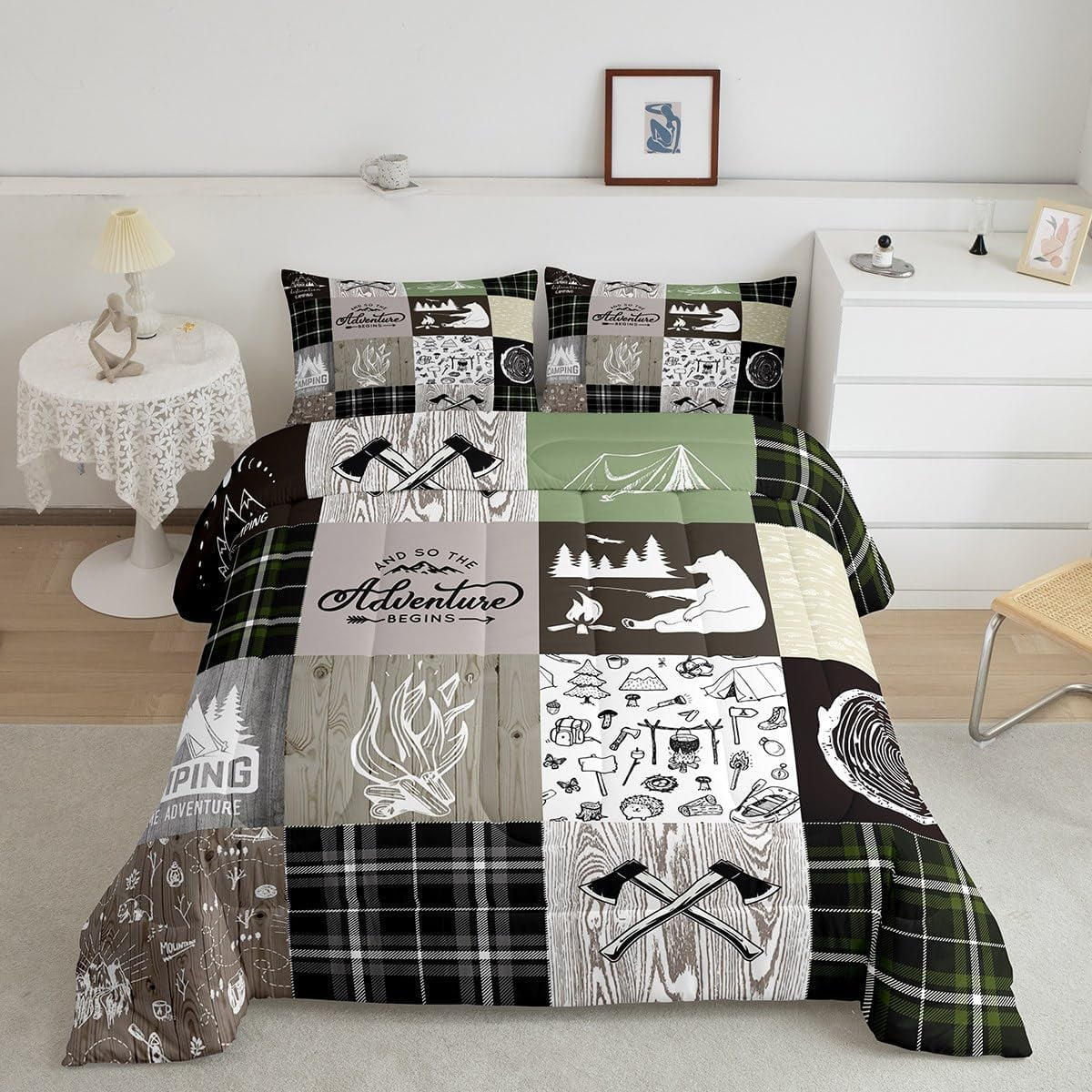 Multi Hunting Patchwork Comforter Set Wild Animals Plaid Boho Aztec Stripes Bedding Set for Kids ...