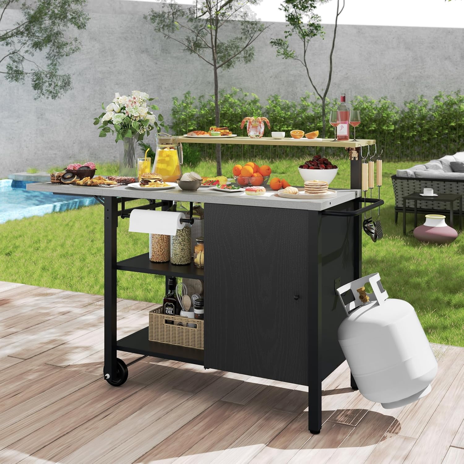 Multi-Layer Outdoor Grill Table Bar Grill Cart with Storage Cabinet ...